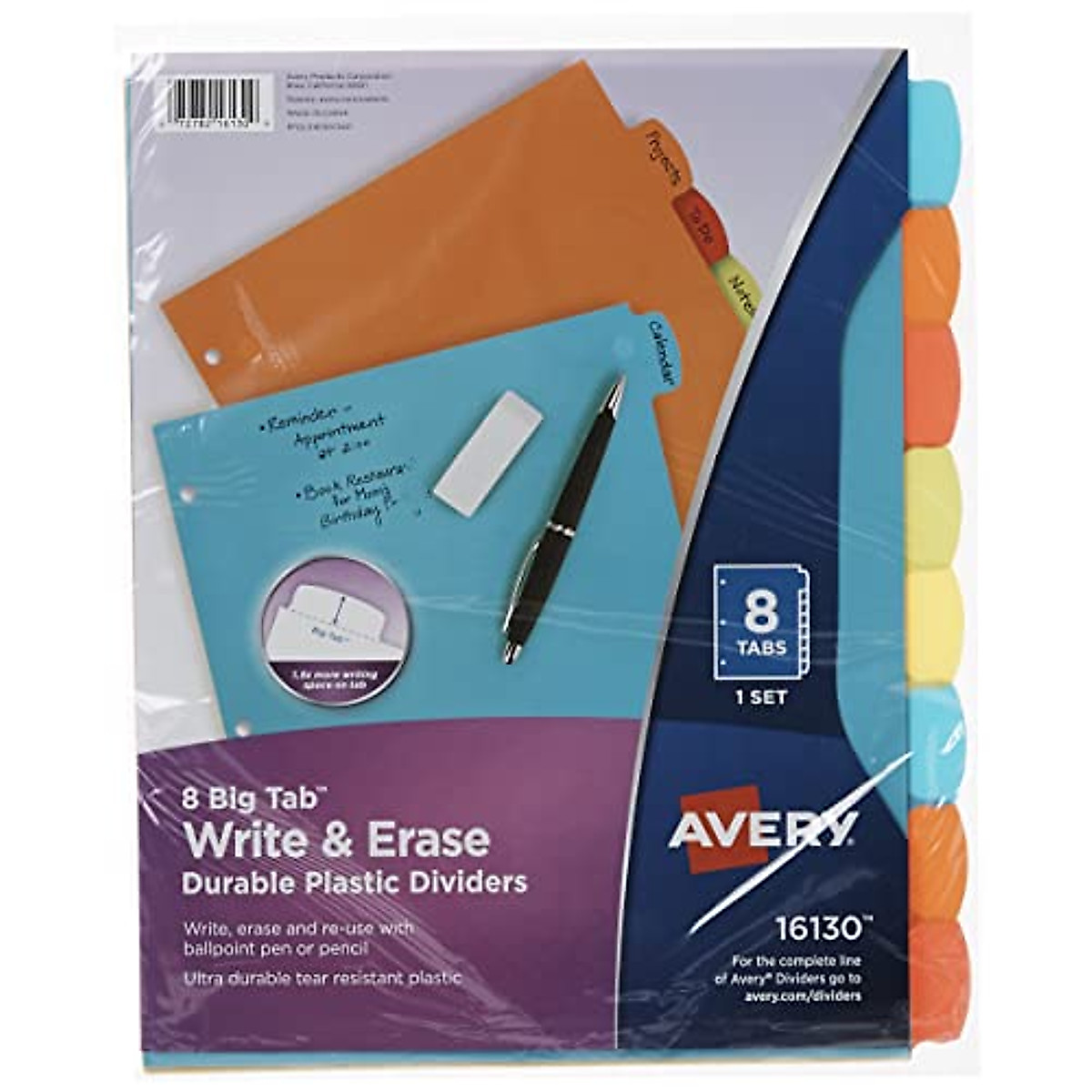 Avery Big Tab Write & Erase Durable Plastic Dividers for 3 Ring Binders, 8-Tab Set, Bright Multicolor, 1 Set (16130)