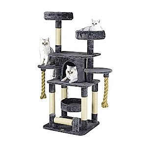 Go Pet Club 57.5" Jungle Rope Cat Tree Kitty Condo Tower House Furniture with Swing Bed and Spinning Scratching Post, Slate Gray