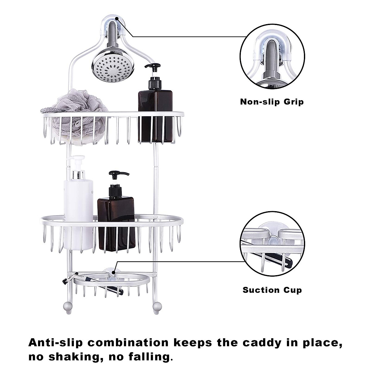Dailyart Hanging Shower Caddy, Shower Head Caddy Hanging Storage Organizer over the Shower Head Aluminum Shampoo Holder with Extra Basket Hanging Shower Rack, Silver, 11.8" x 4.7" x 25"