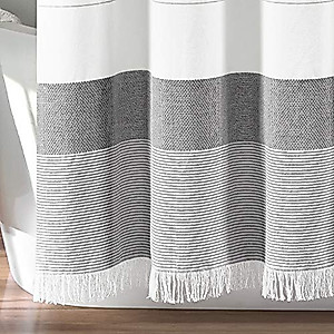 Lush Decor White Woven Cotton Shower Curtain with Gray Stripe and Tassel Fringe, Bathroom Accessories (72" x 72")