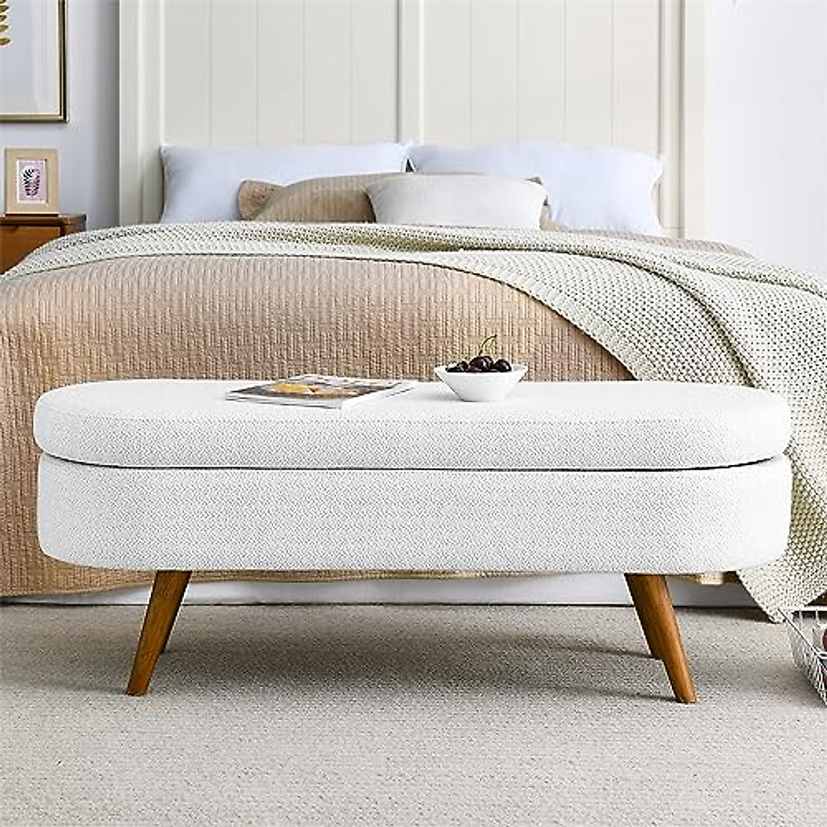 TRIPLE TREE 43.5" Storage Ottoman Bench with 250lb Seating, Linen Upholstered Wood Legs Safety Hinge Flip Top Oval Foot Rest Long Stool for Sofa Couch Bedroom End of Bed Living Room Entryway, White