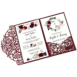 DORIS HOME 50pcs Burgundy Customized 4.7x7 Inch Wedding Invitation Kits Laser Cut Hollow Rose Pocket Wedding Invitations with Envelopes For Wedding Bridal Shower Engagement Invite
