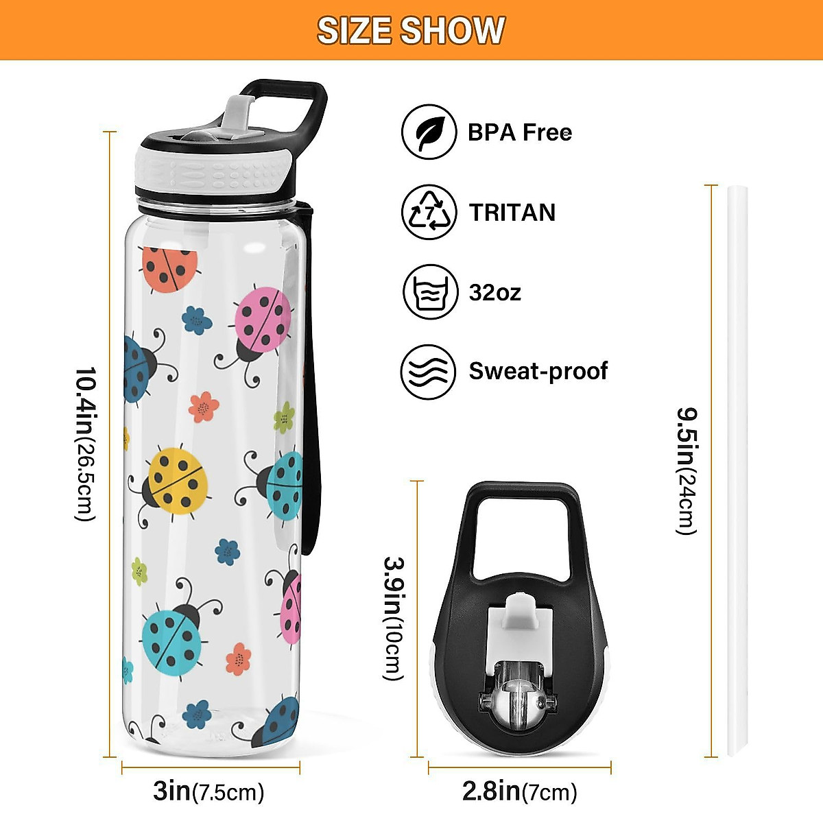 Boccsty Cute Ladybugs Flower Kids Water Bottle with Straw Sports Bottles BPA-Free Tritan Plastic Water Jug for Women Men Gym Outdoors