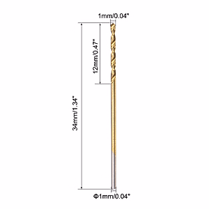 uxcell High Speed Steel Straight Shank Twist Drill Bit Fully Ground Titanium Coated 1mm Drill Diameter 34mm Total Length 12mm Drill Bit Length 12 Pcs