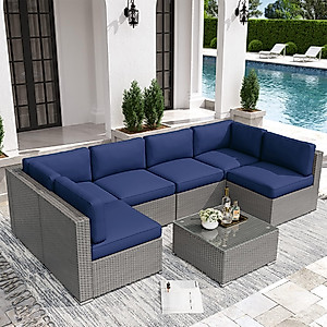 Crownland 7-Pieces Outdoor Patio Furniture Sets, All-Weather Grey Wicker Rattan Sectional Sofa, Modern Glass Coffee Table and Washable Seat Cushion with YKK Zipper (Dark Blue)