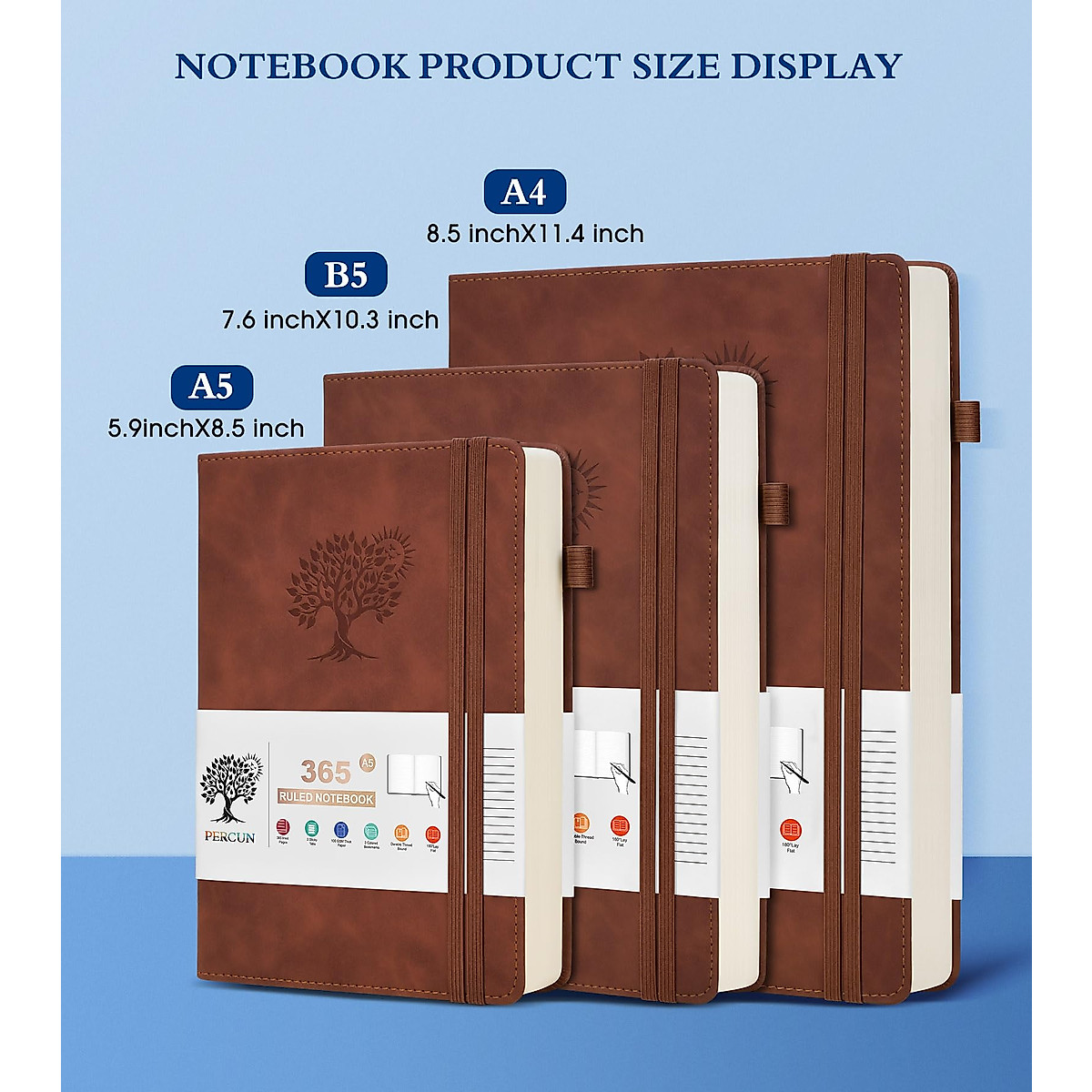 A5 Lined Journal Notebook - 365 Page Leather Journals for Writing Women & Men，Hardcover Notebook with 100Gsm Thick Pages，Daily Diary for Travel, Work，School，Note Taking，College Ruled (5.9" x 8.5")