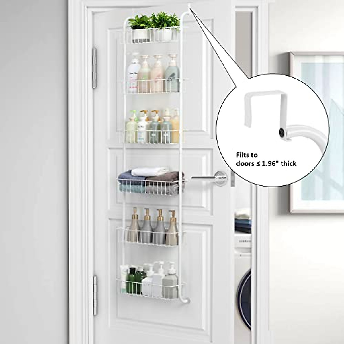 melos White Over The Door Pantry Organizer Rack, 6-Tier Heavy-Duty Metal Back Of Door Shelf Organizer, Over The Door Hanging Spice Rack With 6 Full Baskets - Storage, Closet, Bathroom, Kitchen, 15in