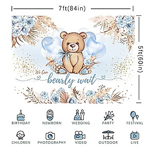 Rsuuinu Boy Bear Baby Shower Backdrop Boho Pampas Blue Flower We can Bearly Wait Photography Background Balloons Bear Baby Shower Backdrops Party Decorations Banner Supplies Photo Booth Props 7x5ft