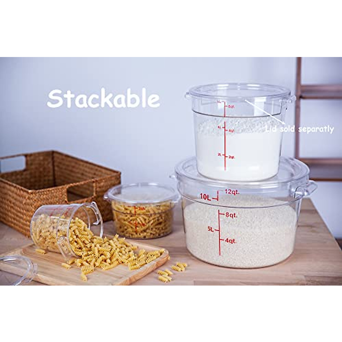 Casipan 6 QT. Clear Round Storage Box Container with Red Gradations Plastic Space Saving For Home or Commercial Kitchen use, Food Prep and Storage, 1 Piece (6QT)