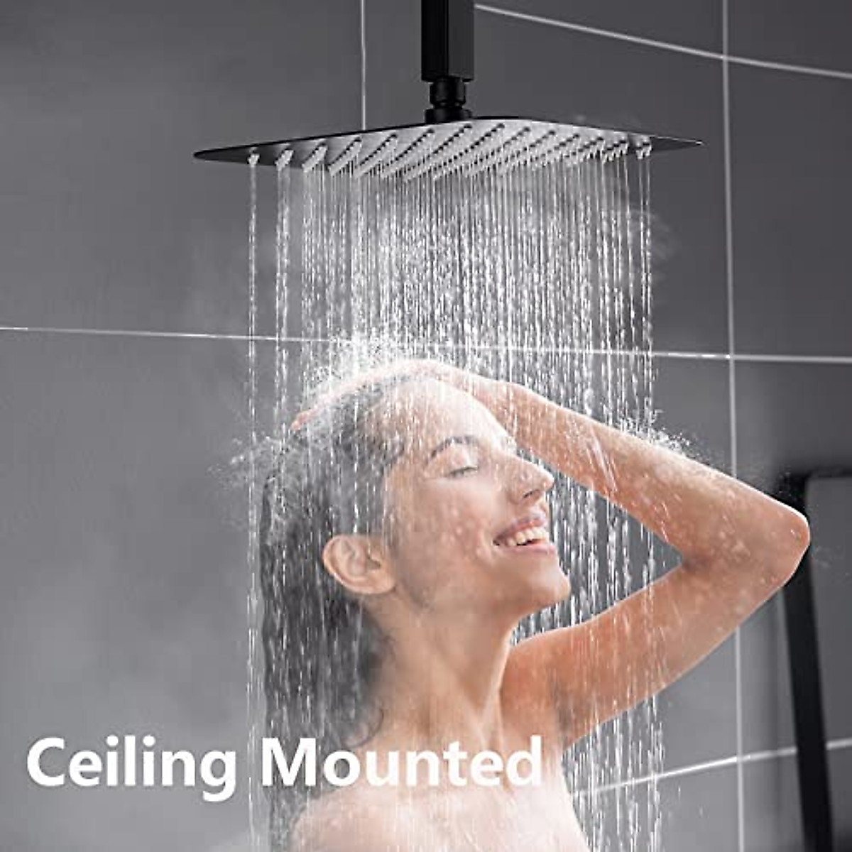 Esnbia 12" Rain Shower Head, Stainless Steel Rainfall Ceiling Mount Shower Head, 2.5 GPM Water Flow, Matte Black （Shower Arm NOT Include）