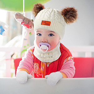 6 Pcs Toddler Winter Hat and Gloves Set with Neck Warmer Kids Pompom Hat Knitted Beanie Mittens for Baby Boys Girls 0-4 Year(Black, White)