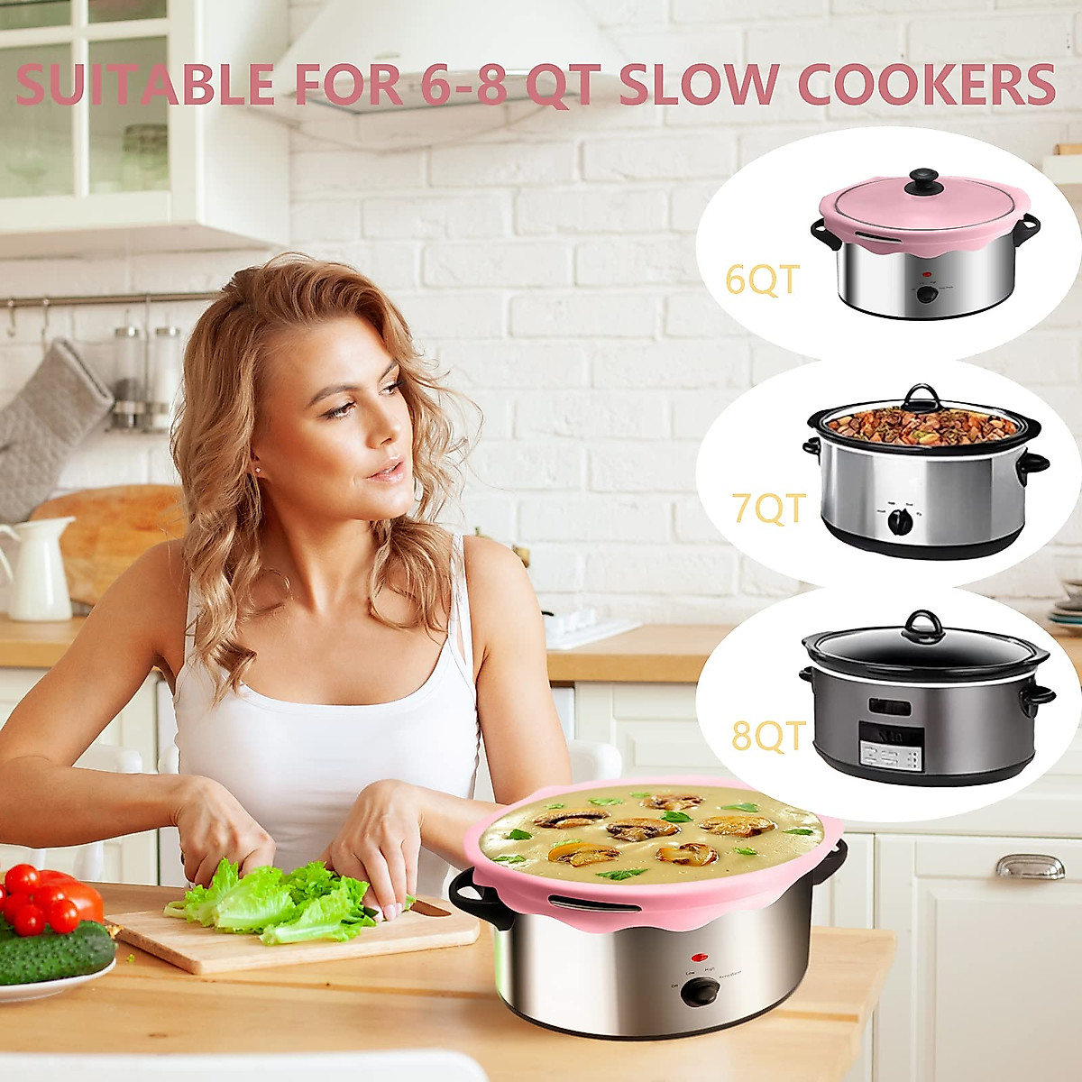 2 Pack Silicone Slow Cooker Liners fit 6-8 QT Crockpot, Reusable/Heat-resistant/Leakproof/Portable Crock Pot Liners, BPA Free, Dishwasher Safe Slow Cooker Liners fit for 6-8 QT (Pink+Yellow)