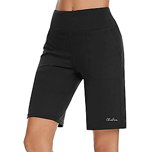 ChinFun Women's 10" High Waist Yoga Shorts Bermuda Shorts Athletic RunningWorkout Lounge Shorts with Deep Pockets Black XL