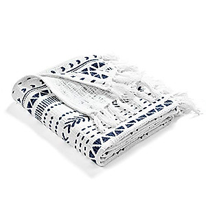 Lush Decor Hygge Stripe Cotton Slub Tassel Fringe Throw Blanet, 60" x 50", Navy & White