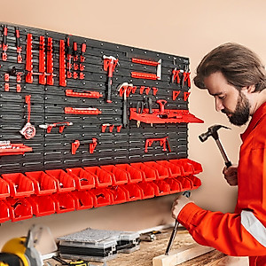VEVOR Wall Mounted Storage Rack System, 30-Bin Parts Rack Organizer with Wall Panels/Tool Holders/Hooks, Garage Plastic Shop Tool Organizer for Nuts, Bolts, Screws, Nails, Beads, Buttons