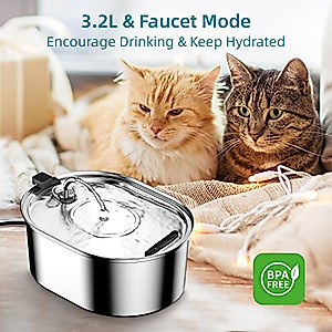 Cat Water Fountain Stainless Steel - Water Fountain for Cats Inside with Ultra-Quiet Pump, 3.2L/108oz Cat Fountains for Drinking, Automatic Cat Fountain Water Bowl for Multiple Pets