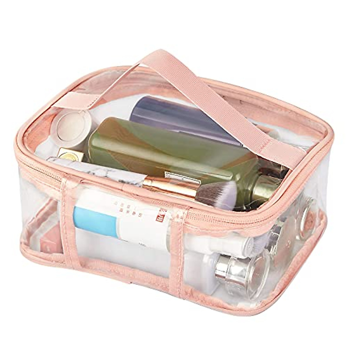 HAOGUAGUA Tsa Approved Clear Travel Toiletry Makeup Bags with Zipper and Handle Waterproof Transparent PVC Cosmetic Bag (Medium, Pink)