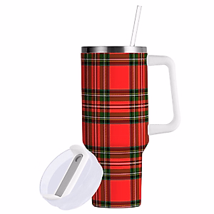 Tumbler with Handle and Straw Lid,Red Tartan Plaid Christma 30 oz Insulated Coffee Cup Stainless Steel Water Bottle Travel Mug Cupholder Friendly,Gifts for Women Men