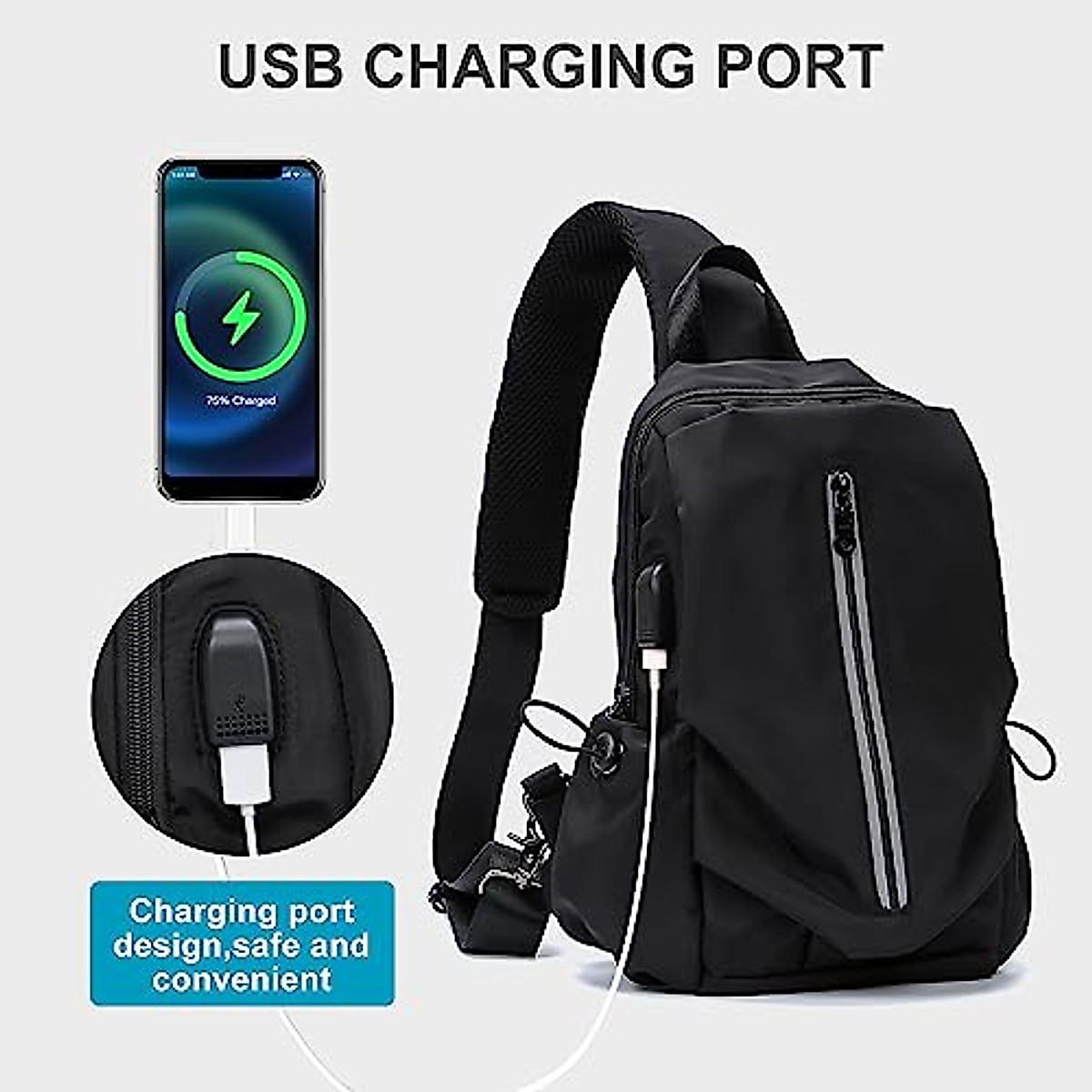 KEYEMP Small Sling Crossbody Bag Backpack Waterproof Lightweight Shoulder Travel Hiking Chest Bags with USB Charging Port for Men Women, Black