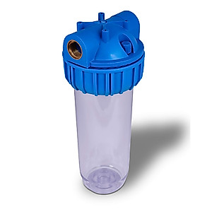 10” Clear Standard Transparent Whole House Water Filter System with Presser Relief Button, 3/4” Inlet/Outlet Brass Port & 5 Micron Wound Spring Sediment Cartridge, Meets NSF Standards & Regulations