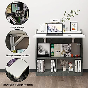 Pmnianhua Wall Mounted Folding Desk, 31'' Drop-Leaf Table,Drop Down Laptop Desk,Folding Wall Desk with Storage for Small Space Bedroom Living Room (Grey White)