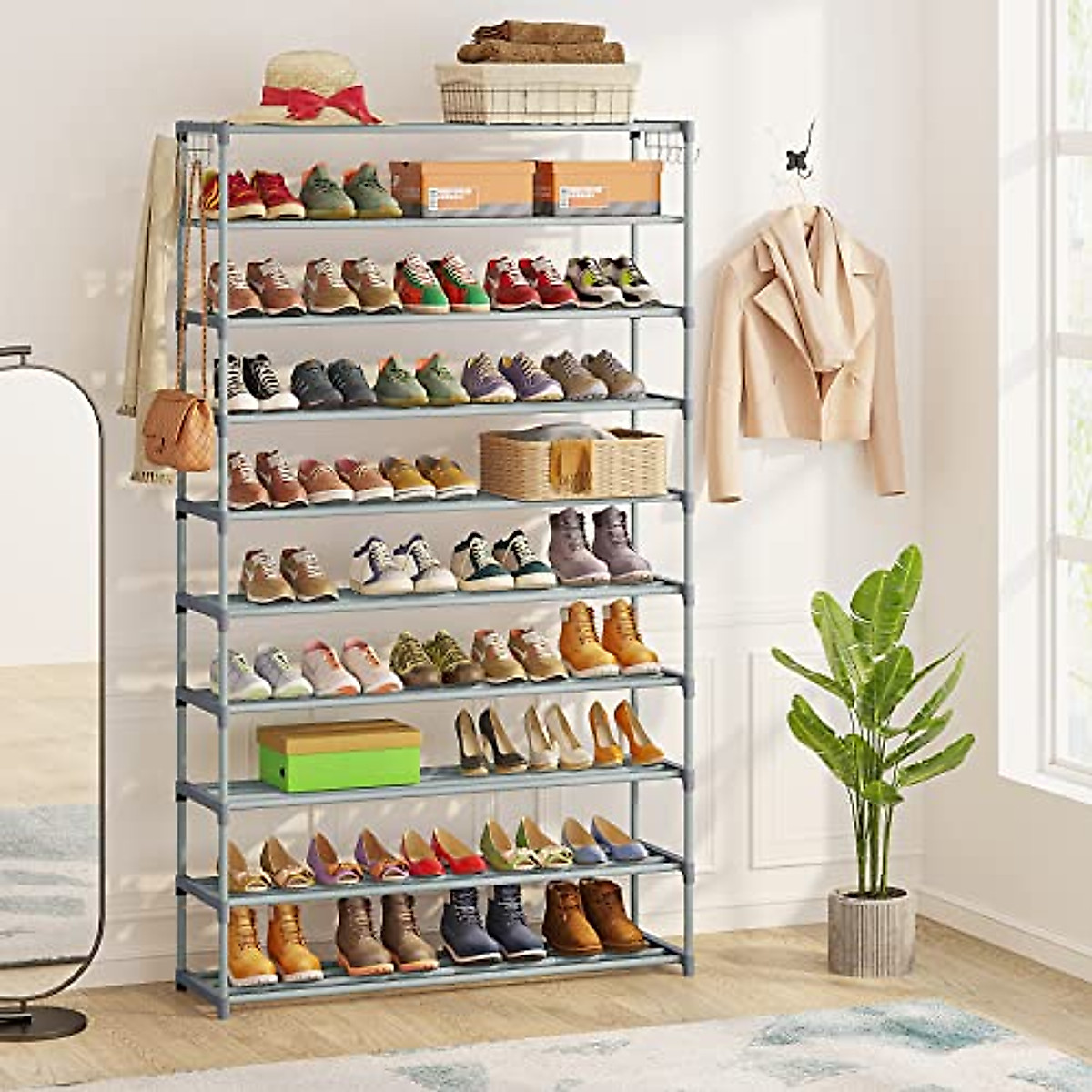 Tribesigns 10 Tiers Shoe Rack Shoe Shelf Large Capacity Shoe Organizer Tall Shoe Storage for Closet Entryway, Space Saving Shoe Tower for Living Room Hallway (Grey)