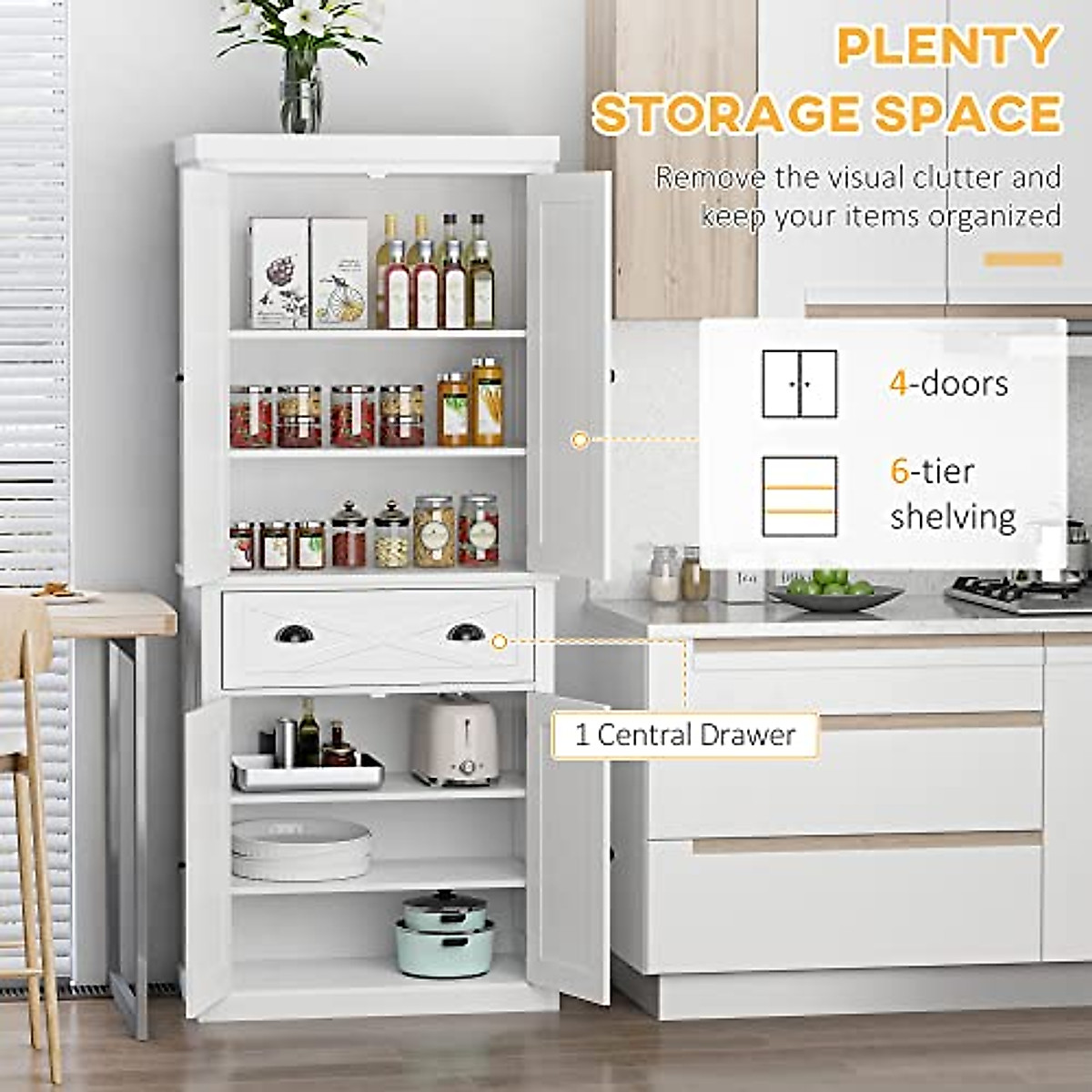 HOMCOM Freestanding Modern Farmhouse 4 Door Kitchen Pantry Cabinet, Storage Cabinet Organizer with 6-Tiers, 1 Drawer and 4 Adjustable Shelves, White