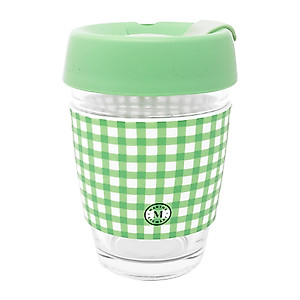 Martha Stewart Glass Tumbler, 12 Ounce Travel Coffee Mug with Splashproof Lid & Green Gingham Silicone Sleeve, Hot or Cold Beverages, Arcadian Green Gingham