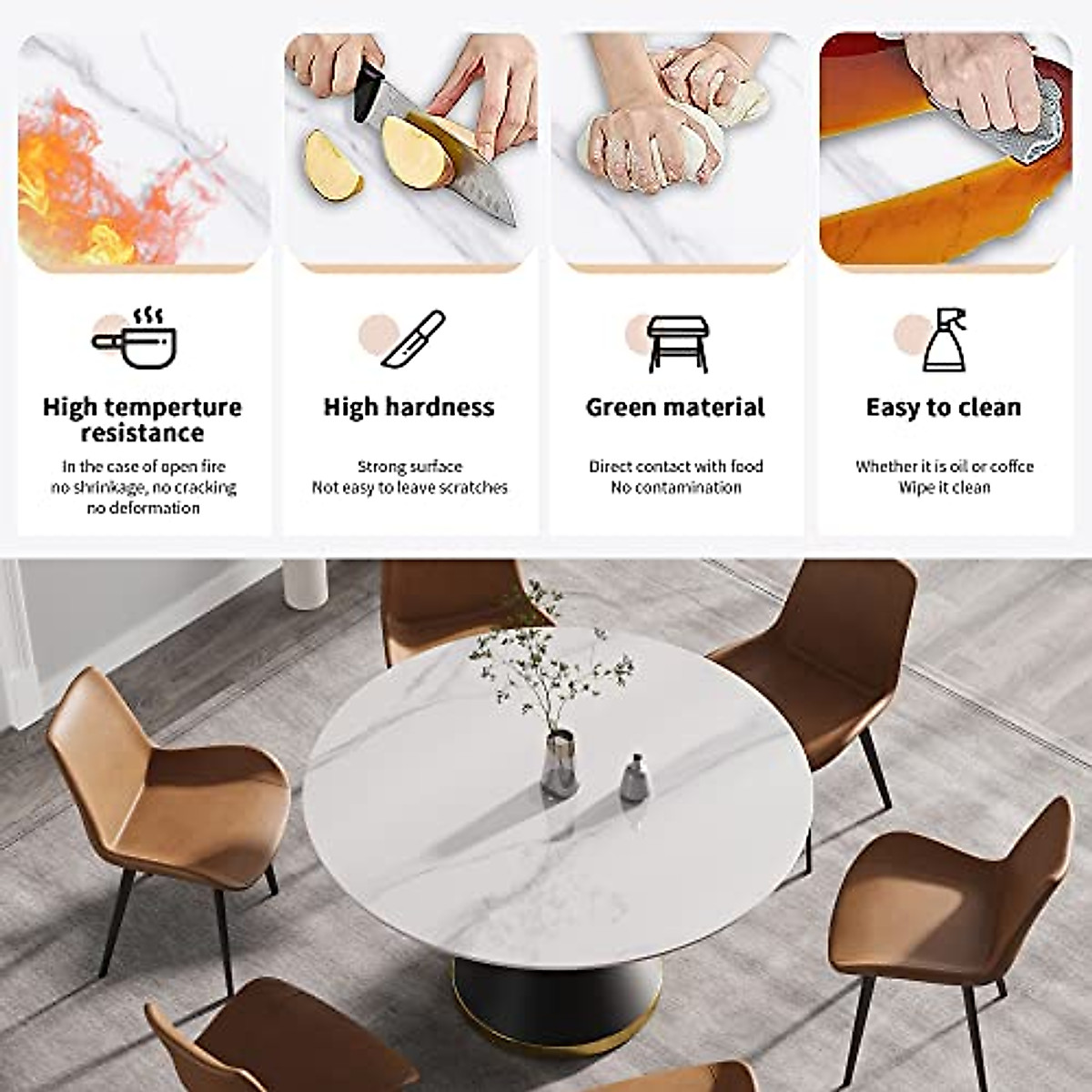 Round Dining Table, White Sintered Stone Tabletop with Solid Carbon Steel Base, Mid Century Modern Dining Table for Kitchen Dining Room, 53 inch (Table Only)