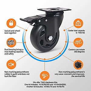 4 Inch Caster Wheels 2000lbs,Casters Set of 4,Heavy Duty Plate Casters with Double Ball Bearings,YAEMIKY Premium Polyurethane Swivel Caster Wheels for Cart,Furniture,Workbench（16pcs Screws Included)