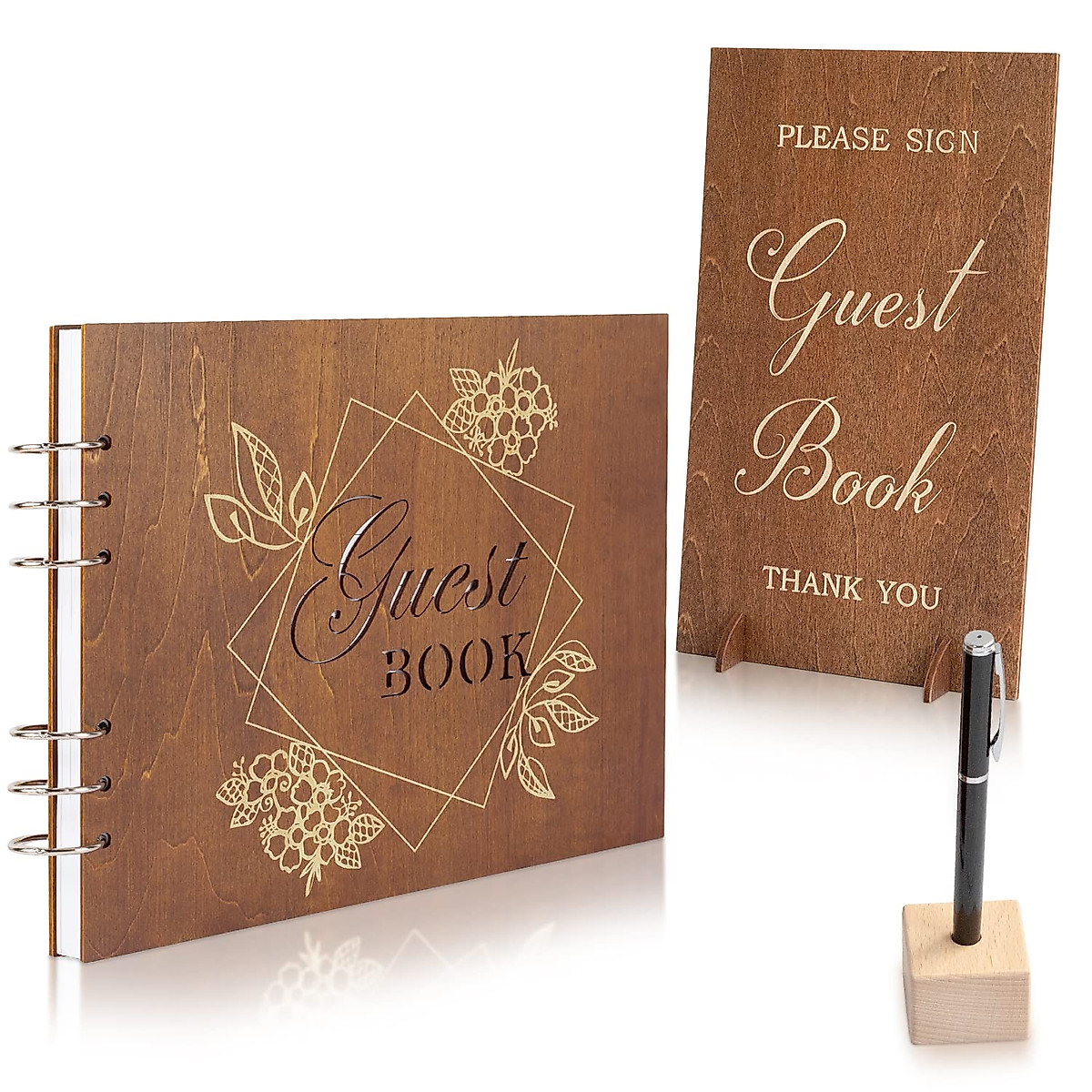 Creawoo Wooden Wedding Guest Book Reception Sign in Guestbook with Table Sign, Pen & Holder, Hardcover Memory Registry Photo Album with 90 White Pages for Wedding, Baby Shower, Birthday-11 x 8.5"