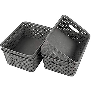 Jekiyo Grey Plastic Storage Basket, 4 Packs Pantry Storage Bin
