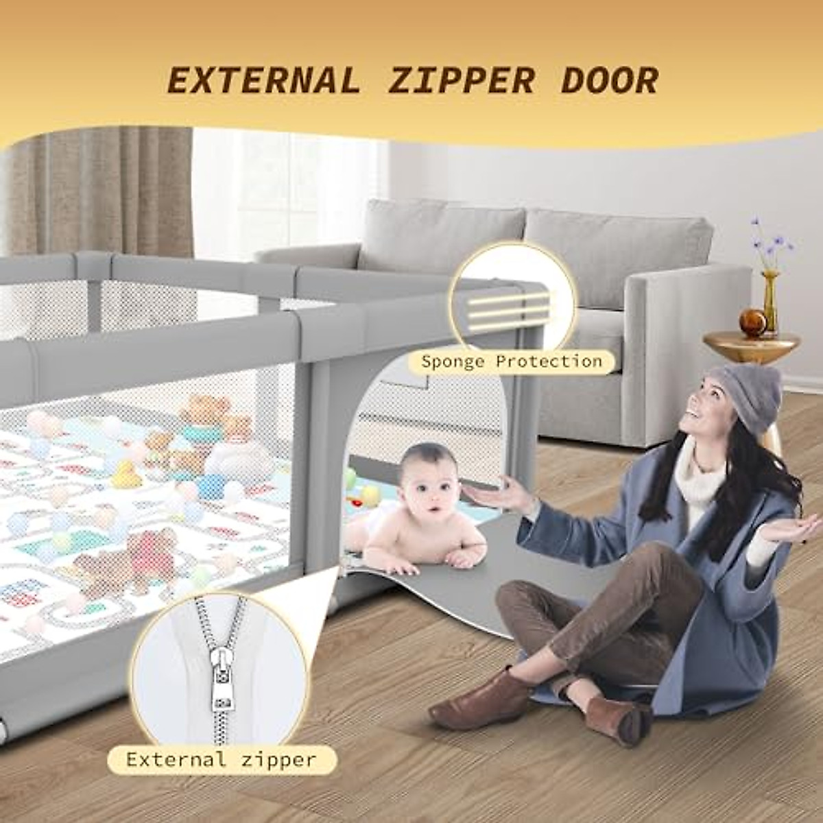 Baby Playpen Baby Playard, Playpen for Babies and Toddlers with Gate, 50x50 Baby Fence, Sturdy Safety Playpen, Indoor & Outdoor Kids Activity Center（with Mat）