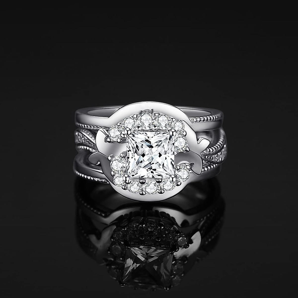 JewelryPalace Butterfly Princess Cut 1.5ct Cubic Zirconia Halo Engagement Ring for women, 925 Sterling Silver Promise Ring for Her, Anniversary Stackable Wedding Ring Band Bridal Sets 9