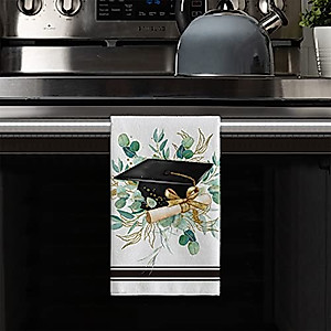 Artoid Mode Congrats Eucalyptus Leaves Diploma Cap Fingertip Towel, 18x26 Inch Soft Absorbent Graduation Party Hand Towel for Kitchen Decoration