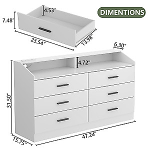 Gyfimoie 6 Drawer Dresser with Power Outlet, Chest of Drawers with LED Light, Modern Dresser with Open Storage Cubby, Double Wide Dresser Organizer for Bedroom, Living Room, Entryway, Hallway