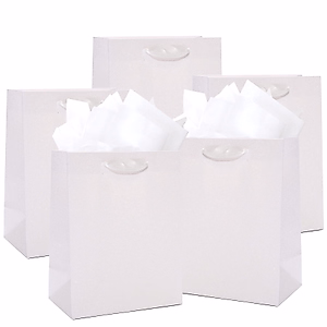 PAPER FAIR 12Pcs Embossed Crystal White Glitter Gift Bags with 24 Tissue Paper Bulk, M 9x7 Inch, Christmas Valentines Day Gift Wrap Bag, Wedding Bridal Shower Favor Bag Gift Packaging, Holiday