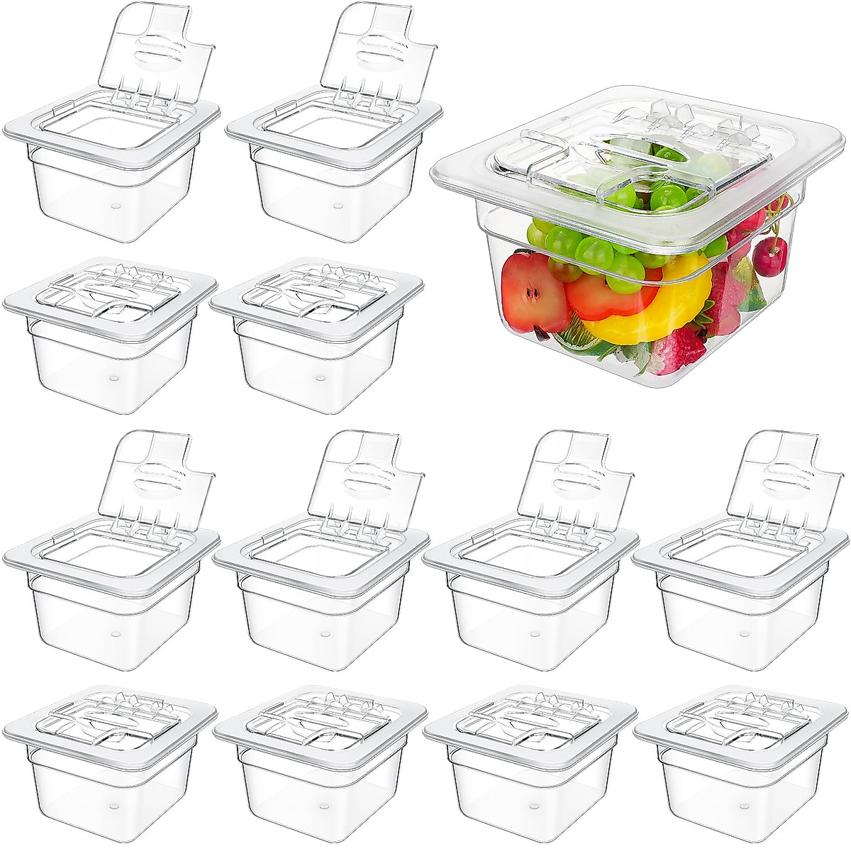 Geetery 12 Pack 1/6 Size 4'' Deep Polycarbonate Food Pan with Lid Clear Stackable Plastic Pan Restaurant Food Storage Containers with Hinged Lids for Hotel Supplies
