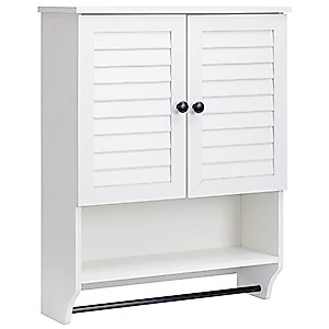 ALIMORDEN Wood Wall Storage Cabinet with Double Shutter Doors, White Bathroom Medicine Cabinet with Towel Bar, White