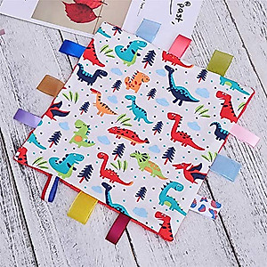 G-Tree Baby Comfort Blanket with Tag, Multi-Coloured Dinosaurs Tag, FOMUNI Taggy Blanket - Red Textured Underside