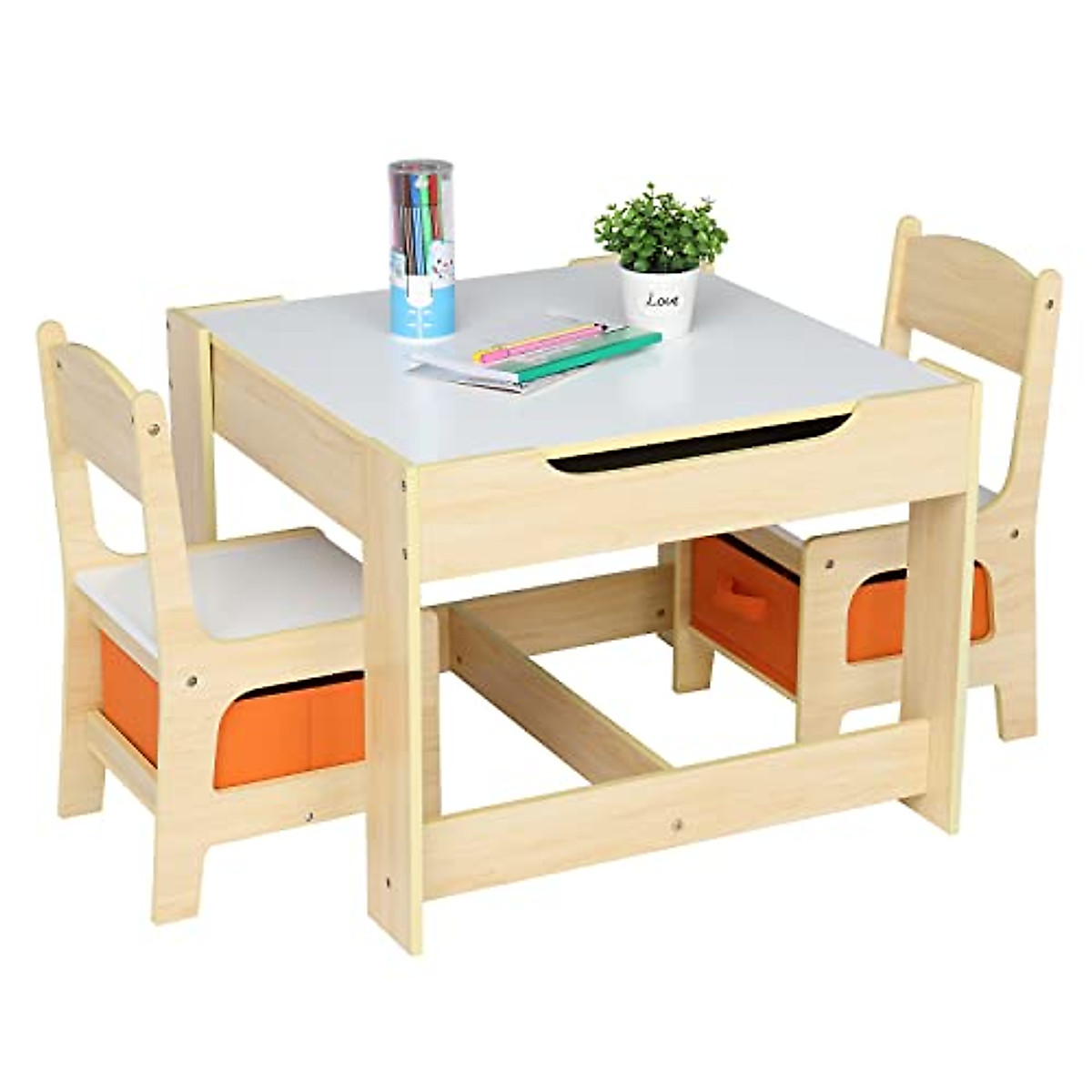 Karl home Kids Table and Chair Set, Multifunctional Children Writing Desk with Interior Storage, Chair with Non-Woven Drawer for Study Room Play Room Dining Room Living Room Natural Wood