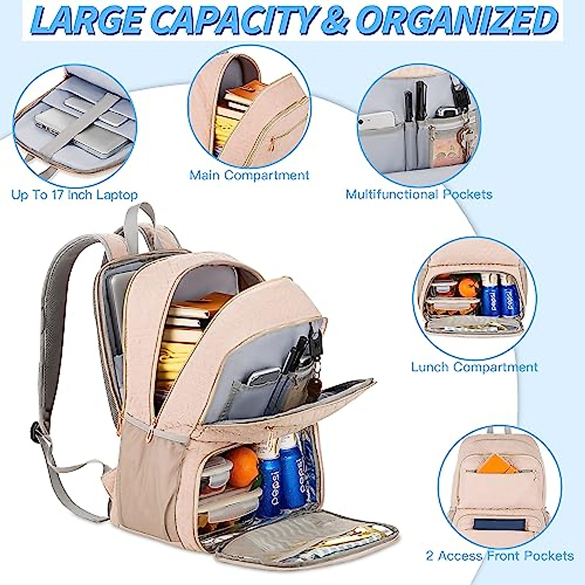 BAOXA Lunch Backpack for Women, 17 inch Laptop Backpack with USB Charging Port, Large Computer Backpack with Lunch Compartment, Insulated Backpack Lunch Bag for Work Travel (Pink, 17in)