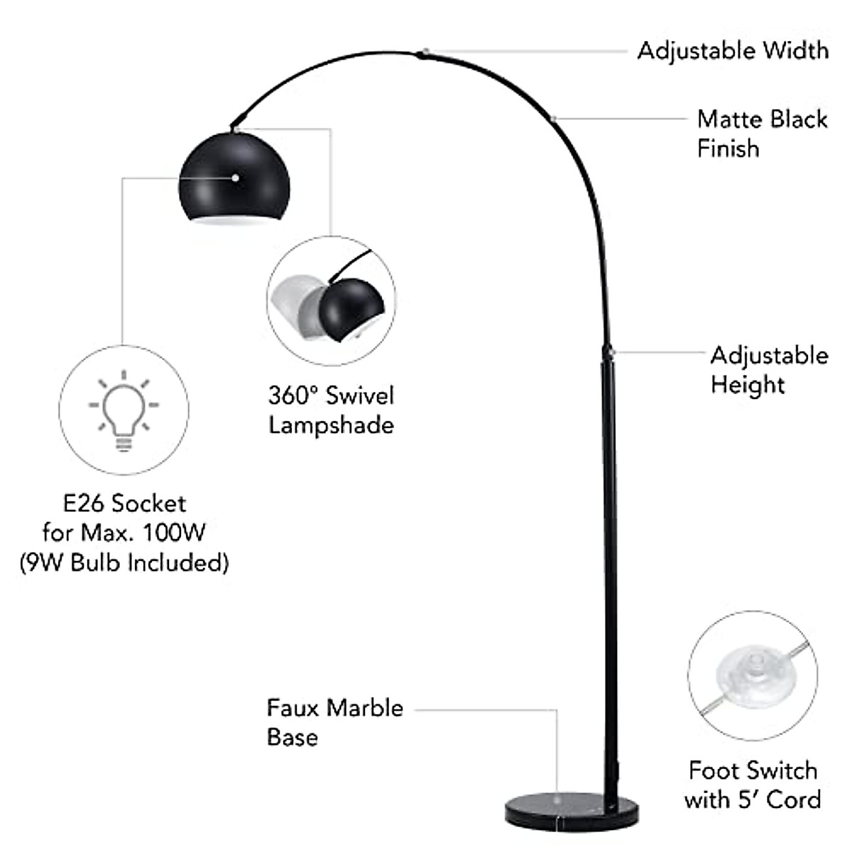 VONLUCE Arc Floor Lamps Metal Shade, Adjustable Modern Contemporary Brushed Nickel Tall Arched Floor Lamp Over The Couch, 360° Rotatable Standing Lamp for Reading Office, Bedroom, Living Room Black