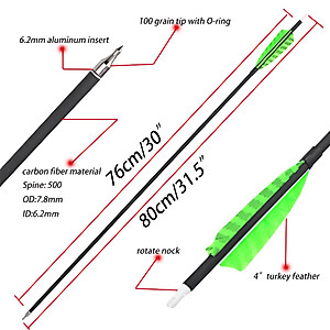 30 inch Archery Carbon Arrows Hunting Arrows with 4" Camo Feather Fletching 100 Grain Replaceable Points Targeting Practice Arrows Spine 500 for Recurve Bow Compound Bow Longbow (12 pcs, Orange)