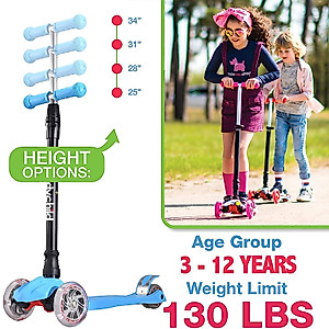 Kids Kick Scooter, 3 Wheeled Scooter for Kids, Child/Toddlers Toy, Adjustable Height, Anti-Slip Deck, Flashing Wheel Lights, for Boys/Girls 3-12 Year Old (Blue)