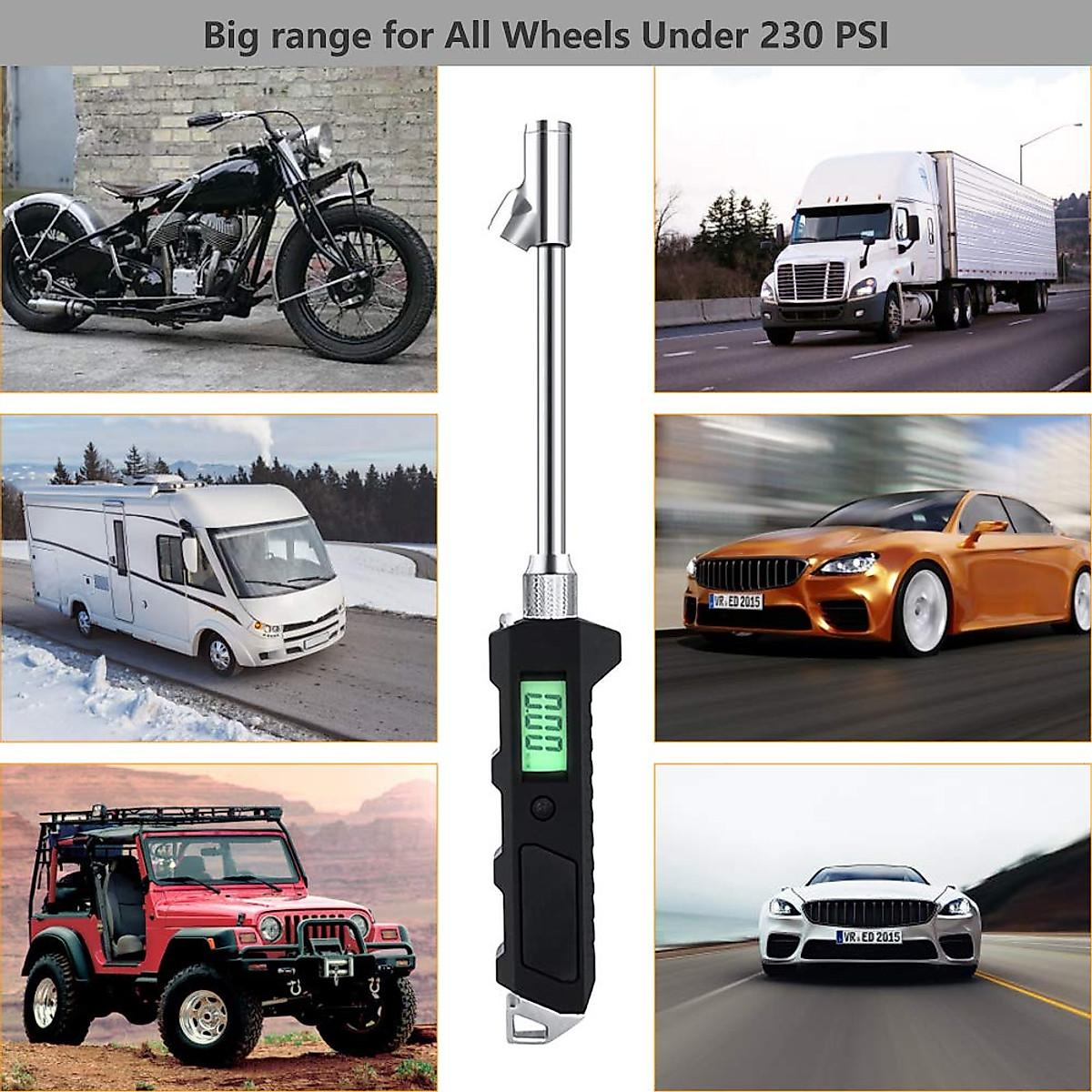 Number-one Digital Tire Pressure Gauge 230 PSI Auto Shut Off LCD Backlight Digital Display RV Heavy Duty Dual Head Rotatable Pressure Measuring Valve with LED Flashlight for RV Car Truck Motorcycle