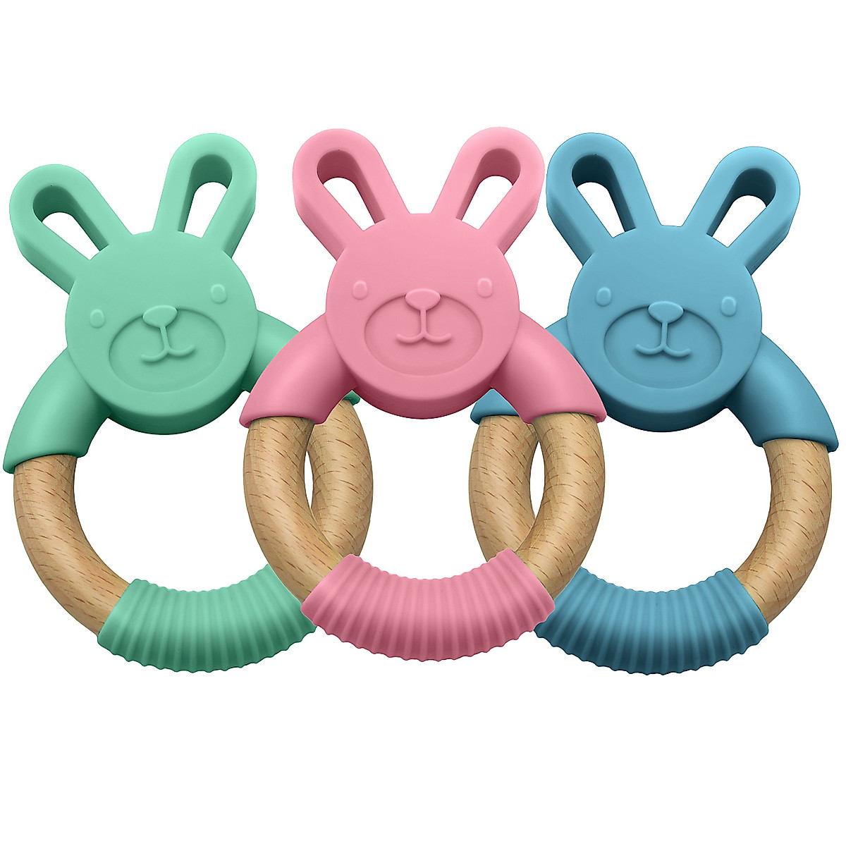LittleFoot Nation Organic & Natural Bunny Rabbit Baby Teether Ring, 100% BPA Free Pure Food Grade Silicone & Beech Wood, Teething Pain Relief Toy for Toddlers & Infants (Pink)