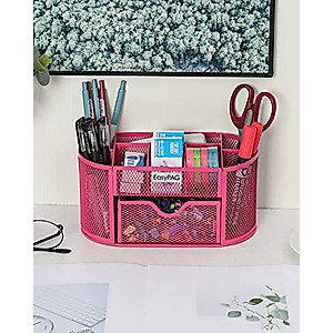 EasyPAG Desk Organizer Mesh Desktop Office Supplies Multi-functional Caddy Pen Holder Stationery with Drawer,Pink