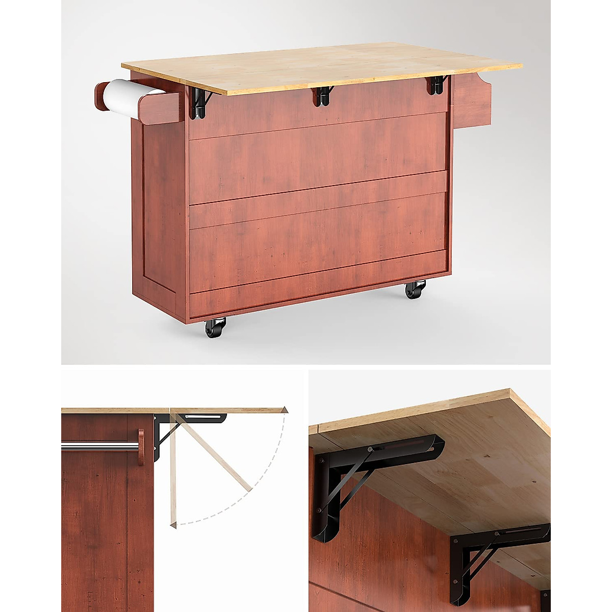 Qsun Kitchen Island with Drop Leaf Countertop, Wood Kitchen Island Cart on Lockable Wheels with Two Large Drawers and Two Large Storage Cabinet with Double Doors, Brown