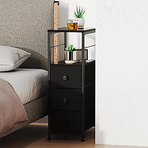 YBING Narrow Dresser, Side Table with 3 Fabric Drawers, Slim Dresser with Open Shelves, Slim Bedside Table for Bedroom, Small Spaces, Black